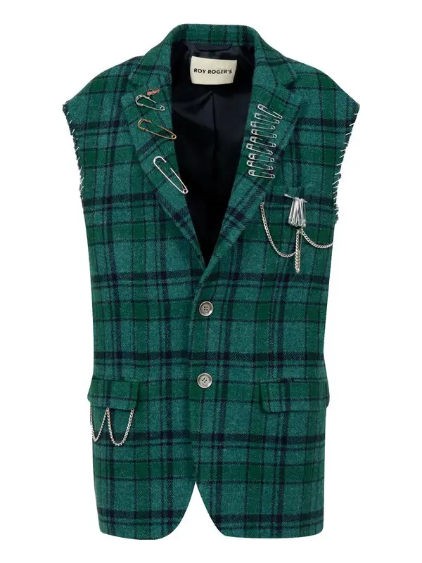 ROY ROGER'S Sleeveless Plaid Jacket - Verde+blu Navy