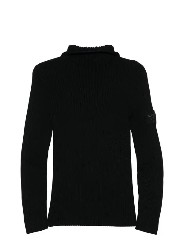 Prada Ribbed Virgin Wool Knit Hoodie - Nero