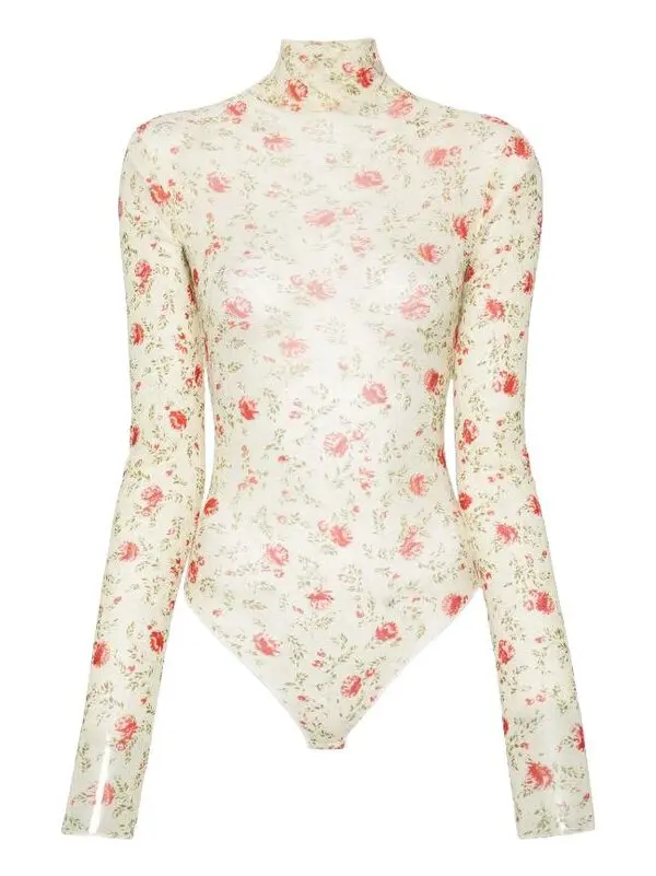 Prada Floral Print Mesh Bodysuit - Rosso