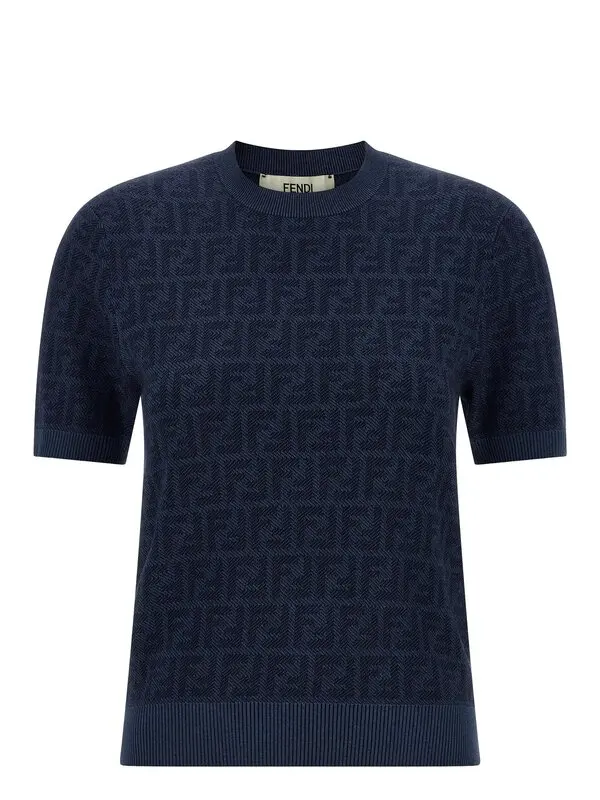 Fendi Jacquard Knit Short Sleeve Sweater - Blue