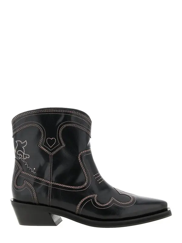 GANNI Low Shaft Embroidered Western Ankle Boots - Black