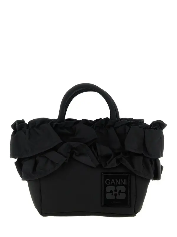 GANNI Mini Shopper Ruffle Handbag - Black