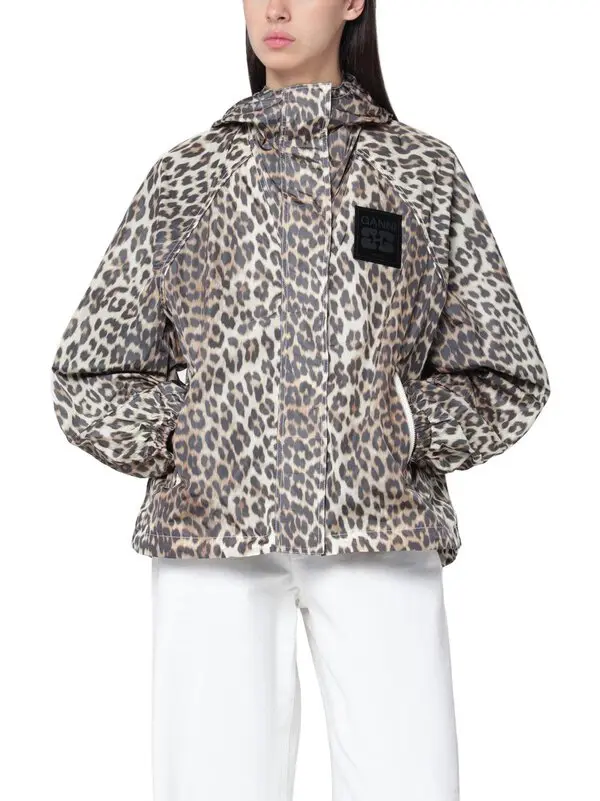 GANNI Leopard Print Hooded Jacket - Beige