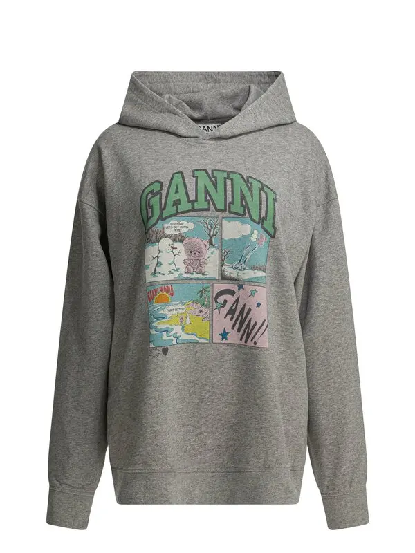 GANNI Cotton Hoodie With Bear Graphic - Grey
