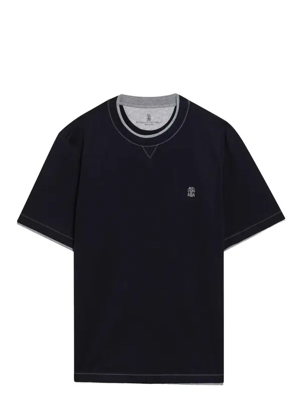 Brunello Cucinelli Navy T Shirt With Faux Layering - Blue