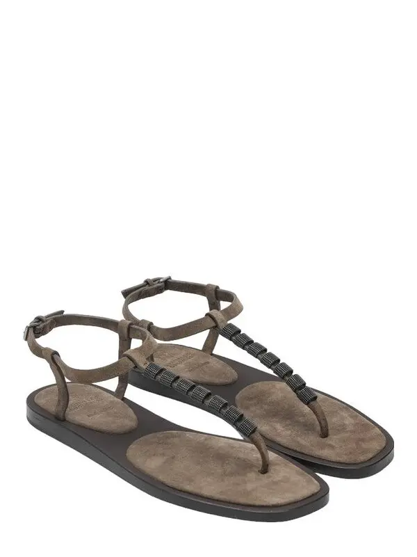 Brunello Cucinelli Suede Thong Sandals With Jewel Cylinders - Brown