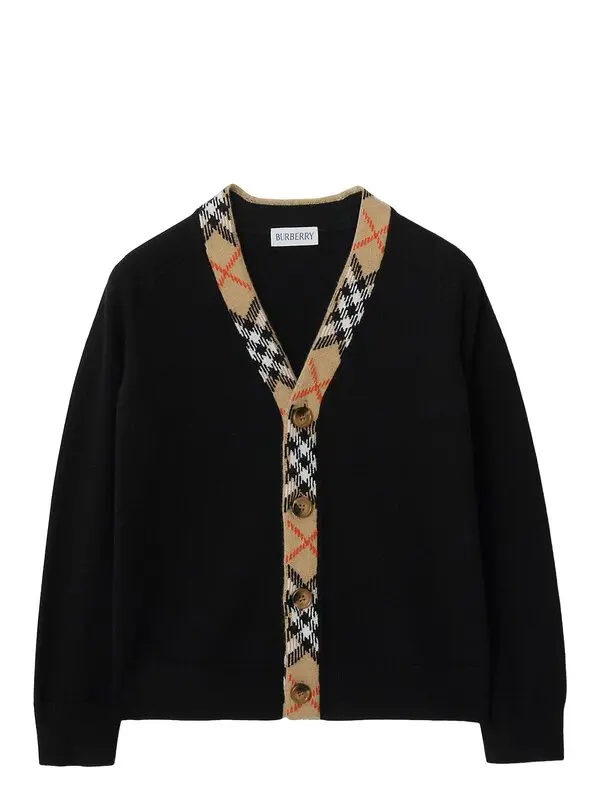 Burberry Wool Cardigan With Check Motif Trims - Black