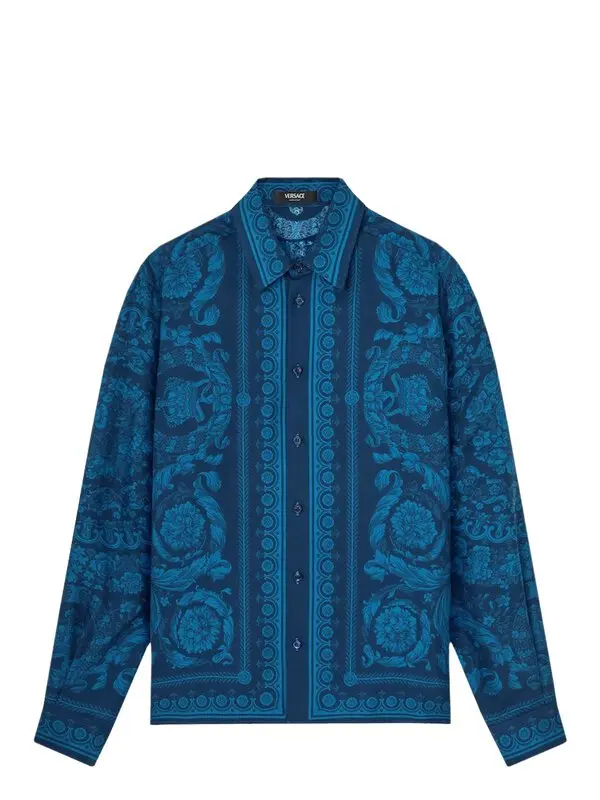 Versace Slim Fit Printed Silk Twill Shirt - Blue