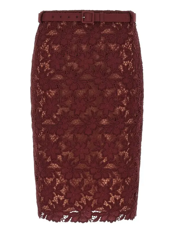 SELF-PORTRAIT Guipure Lace Midi Skirt - Bordeaux