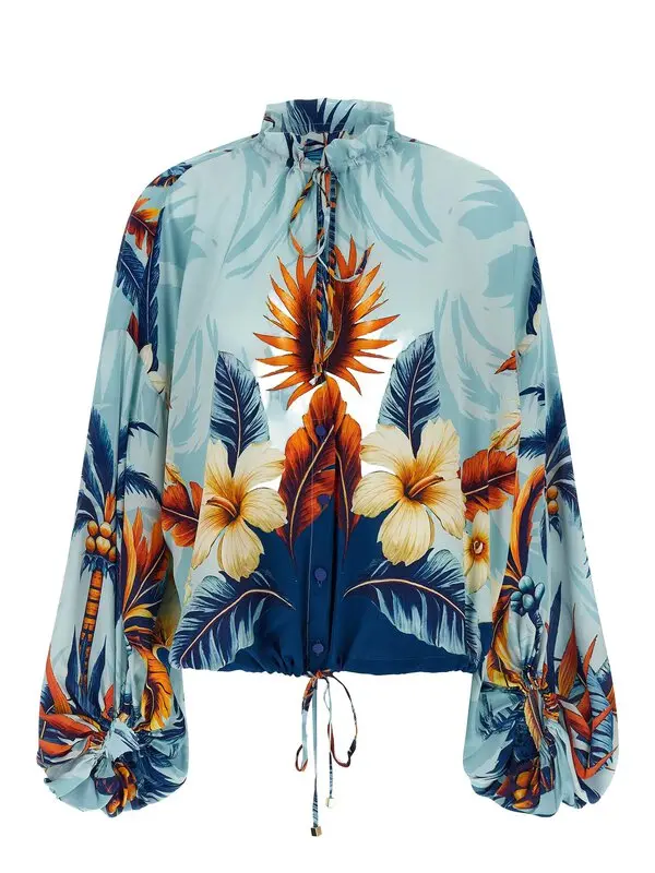 F.R.S FOR RESTLESS SLEEPERS Archilo Palm Bouquet Print Silk Shirt - Light Blue