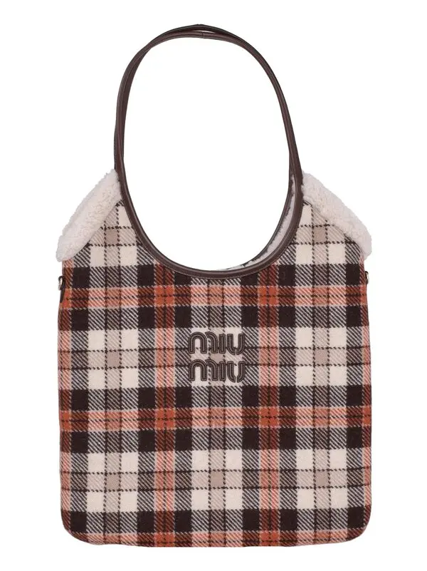 Miu Miu Tartan And Shearling Tote - Bruciato+papaya