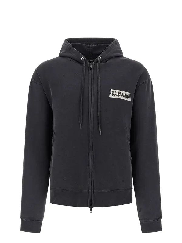 Balenciaga Masking Tape Faded Fleece Hoodie - Black