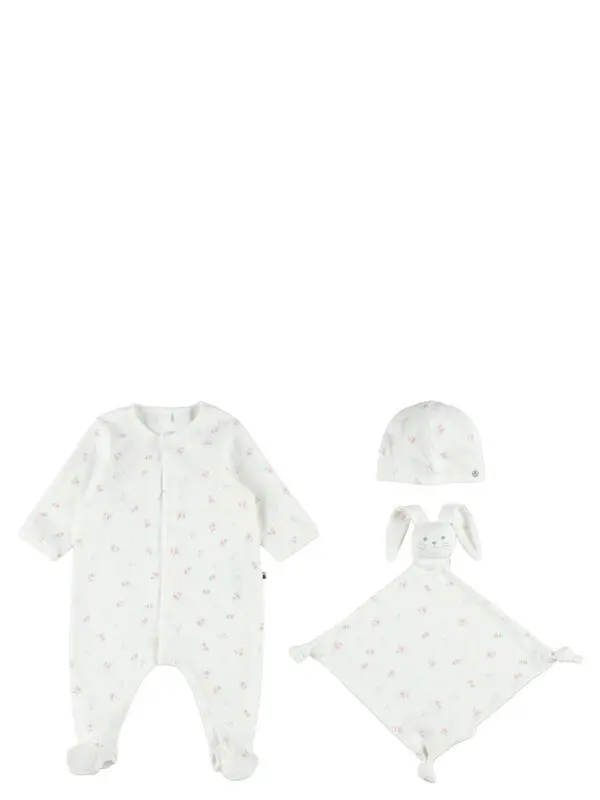 Petit Bateau Footed One-piece, Hat, And Security Blanket Set - White