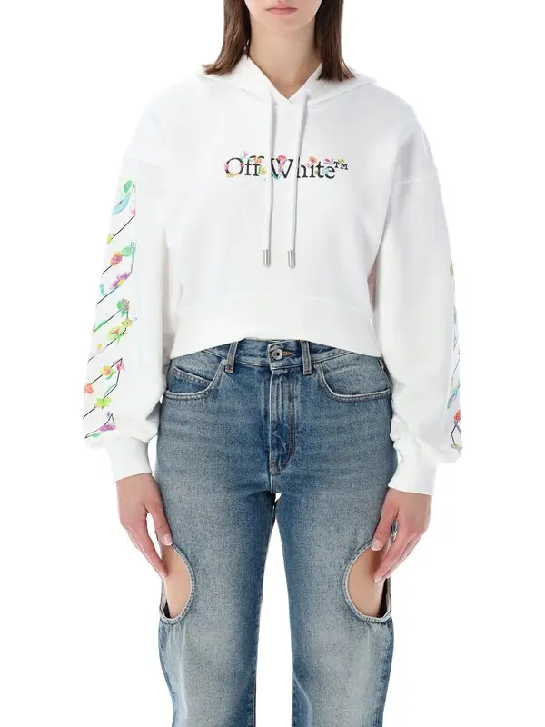 Off White Flower Crop Hoodie - White