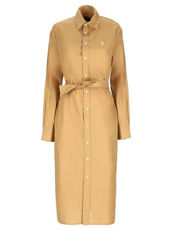 Polo Ralph Lauren Cotton And Linen Midi Shirt Dress - Beige
