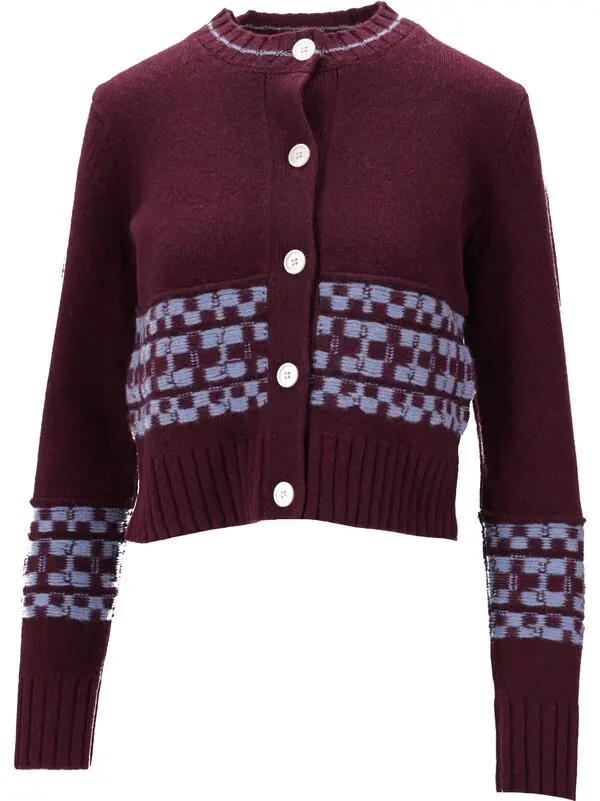 B.B. WALACE Crew Neck Button Detailed Cardigan - Burgundy / Lt. Blue