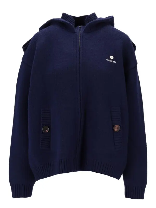 SHUSHU/TONG Double Collar Zip Up Knit Jacket - Navy Blue