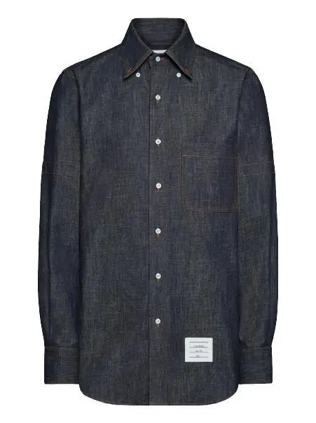 Thom Browne L/s Bd Straight Fit Shirt W/ Rwb Inner Cuff Detail And Self Armband In Shirting Denim - Navy