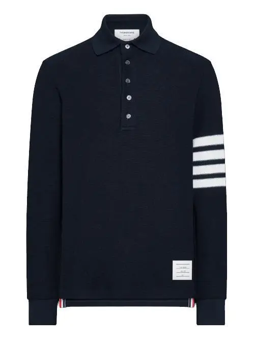 Thom Browne Long Sleeve Polo In Textured Pique W/ Eng Bar - Navy