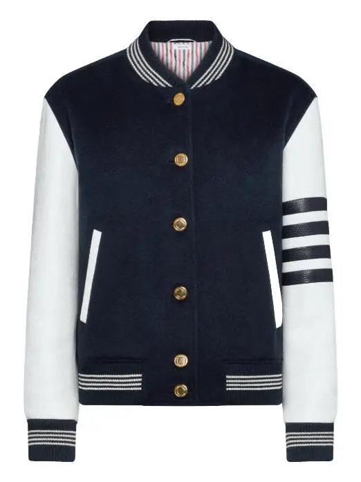 Thom Browne Relaxed Fit Varsity Jacket With Leather Sleeves - Navy