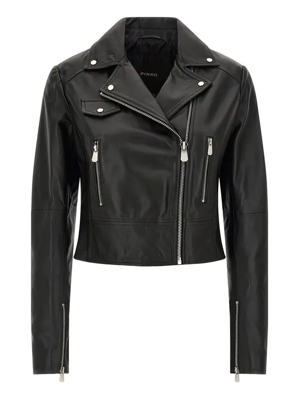 Pinko Cropped Nappa Leather Jacket - Black