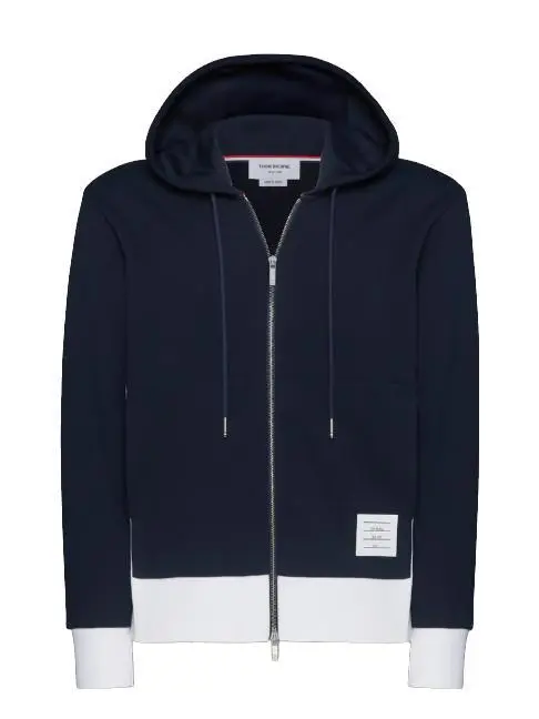 Thom Browne Zip Up Hoodie With Engineered Bar - Navy