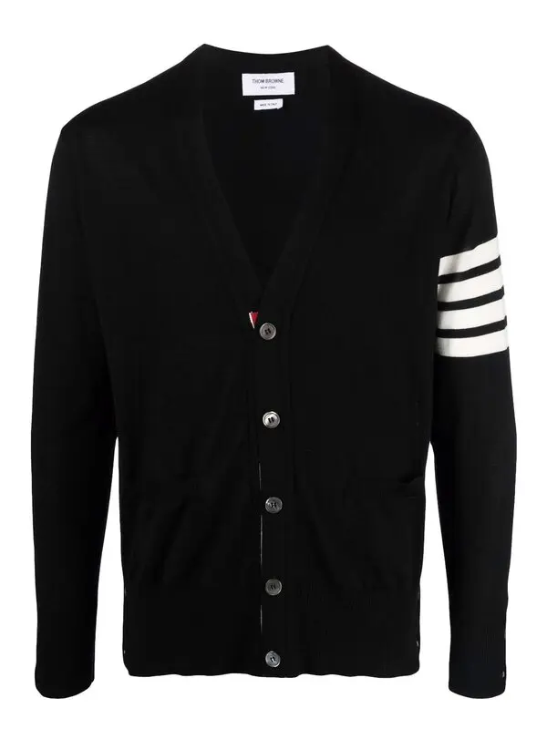 Thom Browne Classic V Neck Fine Merino Wool Cardigan With 4-bar Stripes - Black
