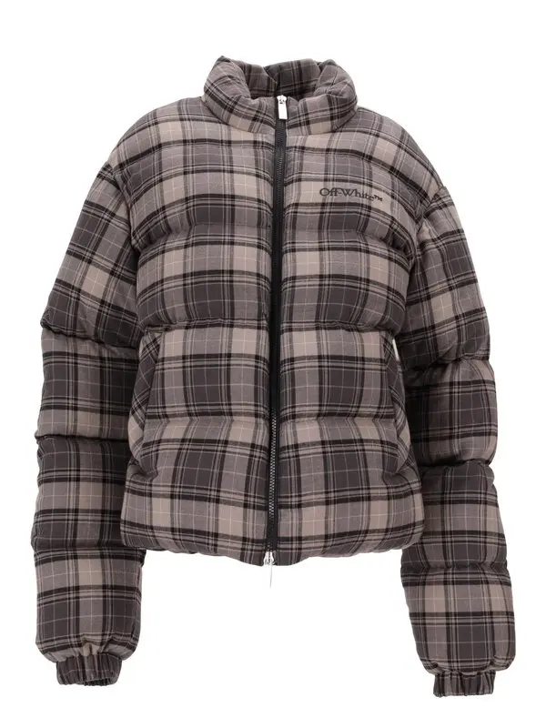 Off White Plaid Puffer Jacket - Dark Grey - Black