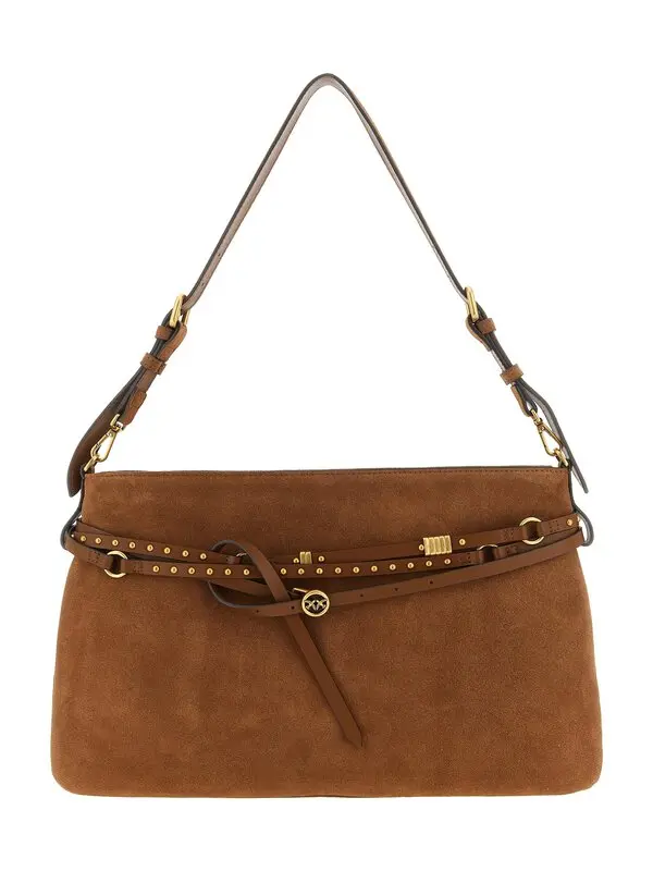 Pinko Large Suede Shoulder Bag With Belt Detail - Brown