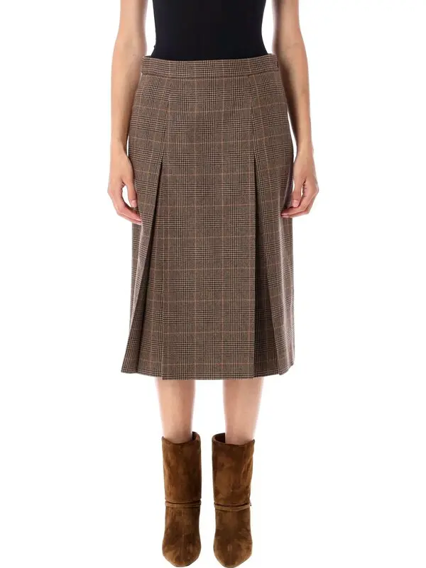 Saint Laurent Prince Of Wales Wool And Cashmere Midi Skirt - Creme Noir Roux