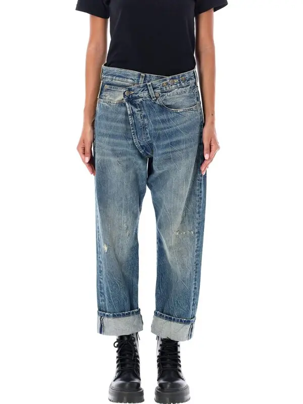 R13 Crossover Waist Distressed Jeans - Kelly Blue