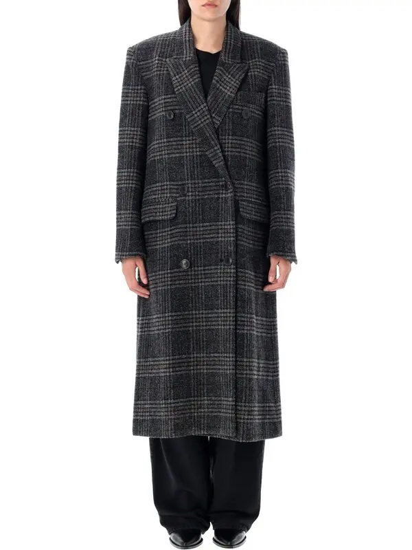 MARANT ETOILE Lexana Long Checkered Wool Coat - Grey