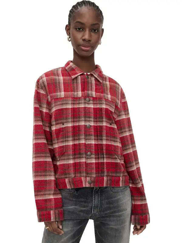 R13 Relaxed Pleated Trucker Jacket - Red Plaid