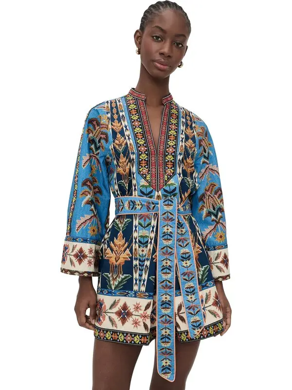 Farm Rio Printed Mini Dress - Embroidered Tapestry Blue
