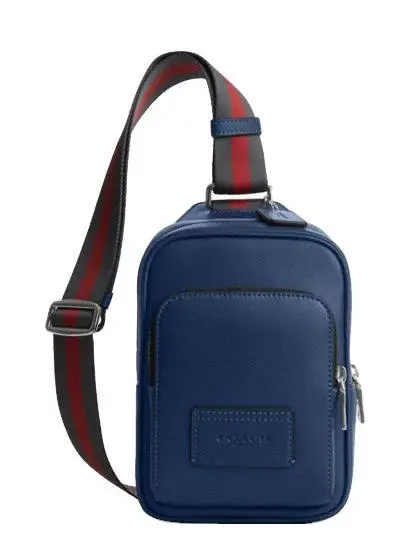 COACH Racer Sling Pack With Varsity Stripe Webbing - Smooth Leather/silver/deep Blue Multi
