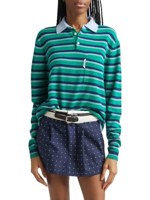 HOMMEGIRLS Stripe Wool & Cashmere Polo Sweater - Green Stripe