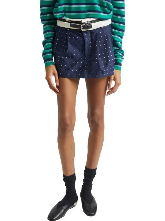 HOMMEGIRLS Polka Dot Belted Pleated Miniskirt - Navy Polka Dot