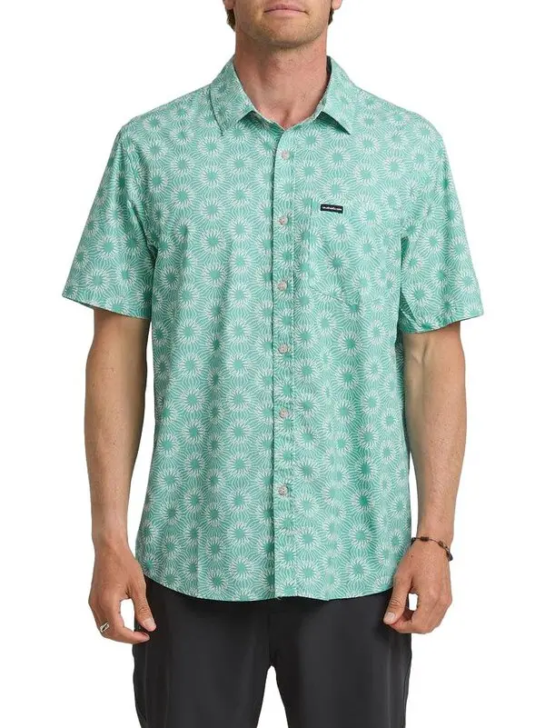 Quiksilver Ocean Mayhem Classic Sun Print Short Sleeve Cotton Button-up Shirt - Aqua