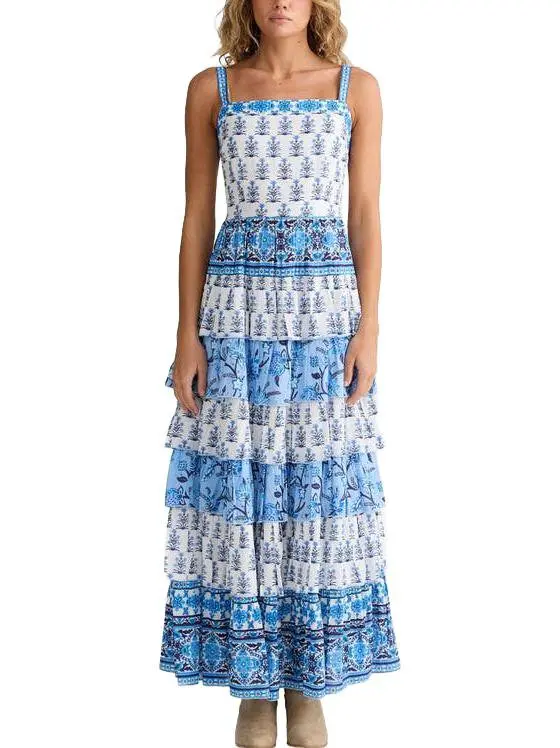 TALISMAN THE LABEL Paloma Mixed Print Cotton Maxi Dress - Blueberry Fields