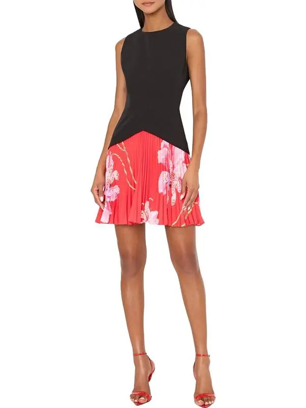 MILLY Floral Pleated Mini Dress - Black/red Multi