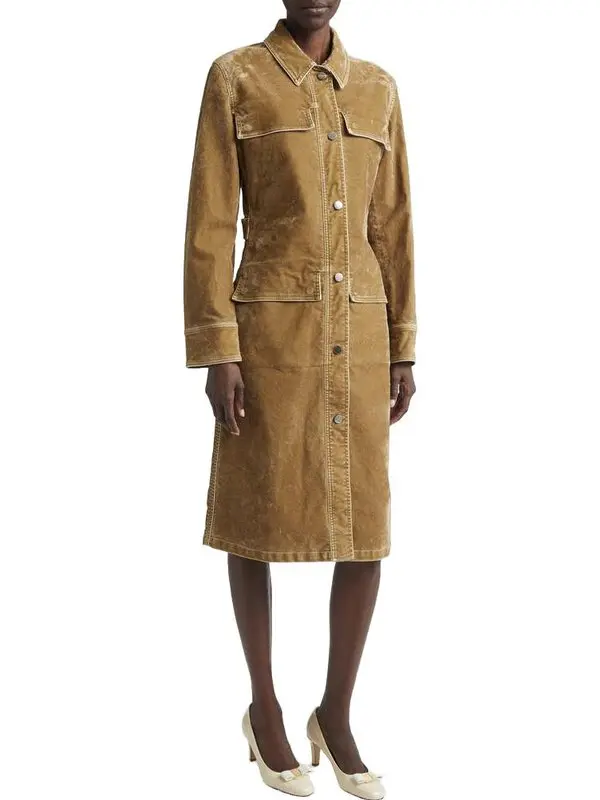 FERRAGAMO Distressed Long Sleeve Stretch Velveteen Trench Shirtdress - Safari