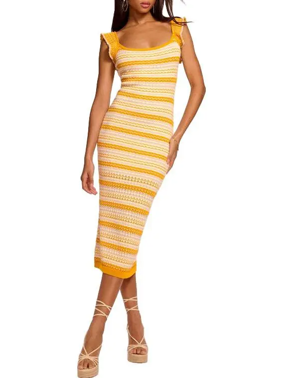 Ramy Brook Kit Pointelle Metallic Knit Body-con Midi Dress - Marigold Combo Stripe