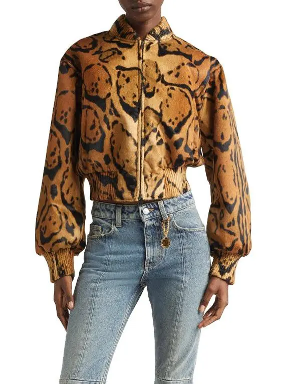 Stella McCartney Cloud Leopard Crop Velveteen Bomber Jacket - Multicolor Brown