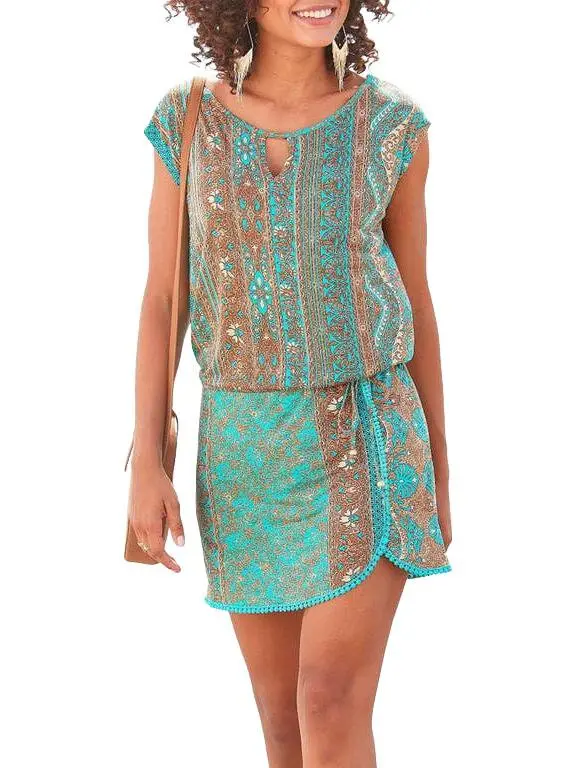 LASCANA Crochet Hem Mini Dress - Turquoise Multi