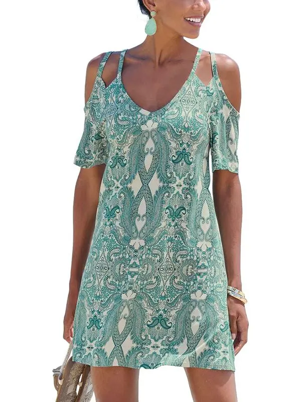 LASCANA Cold Shoulder Dress - Green Patterned