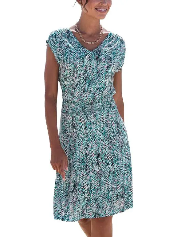 LASCANA Printed Waist Smocked Dress - Turquoise Rose