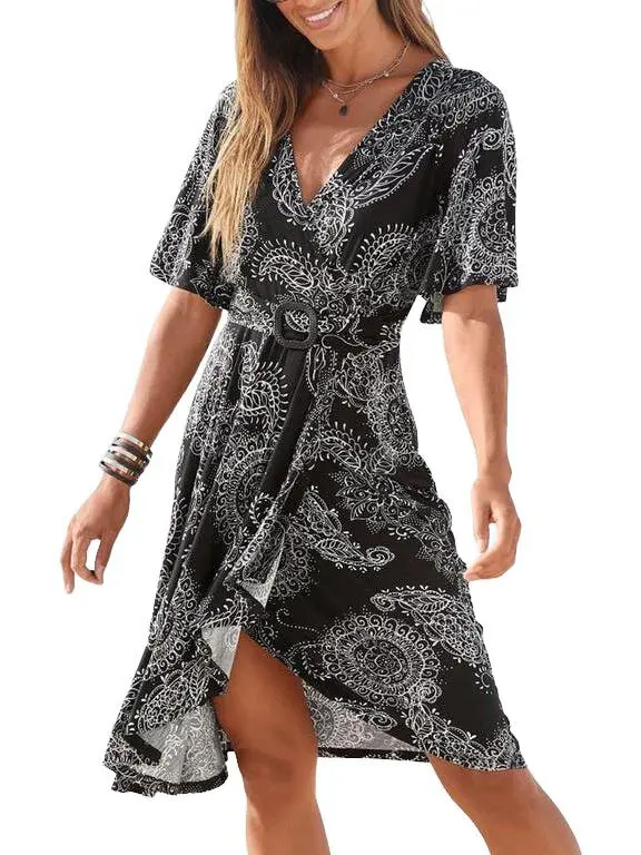 LASCANA Belted Asymmetrical Dress With Decorative Buckle - Black Printed