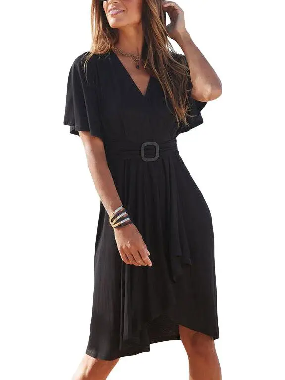 LASCANA Belted Asymmetrical Dress With Decorative Buckle - Black