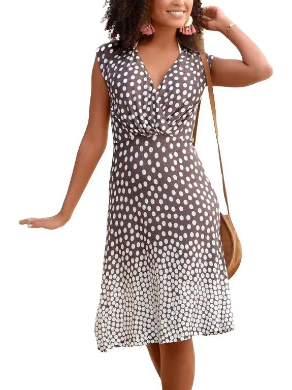 LASCANA Polka Dot V-neck Wrap Dress - Brown Multi