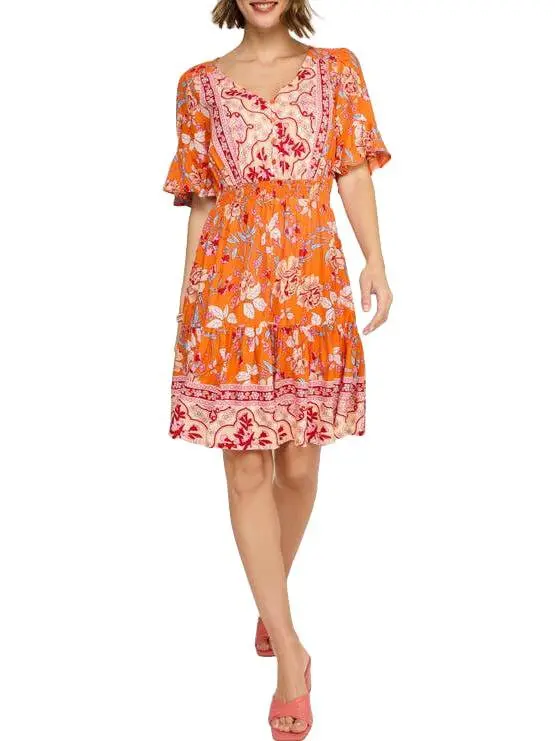 LASCANA Tiered Short Sleeve Printed Dress - Orange Multi
